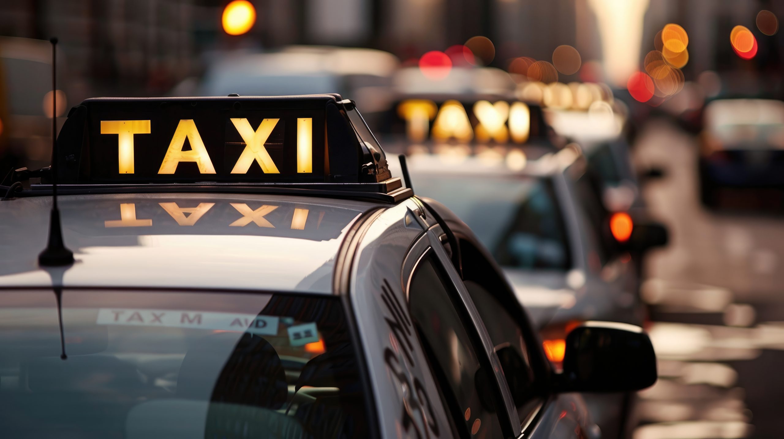 A close-up of the tops of several white taxi cabs, with black signs ...